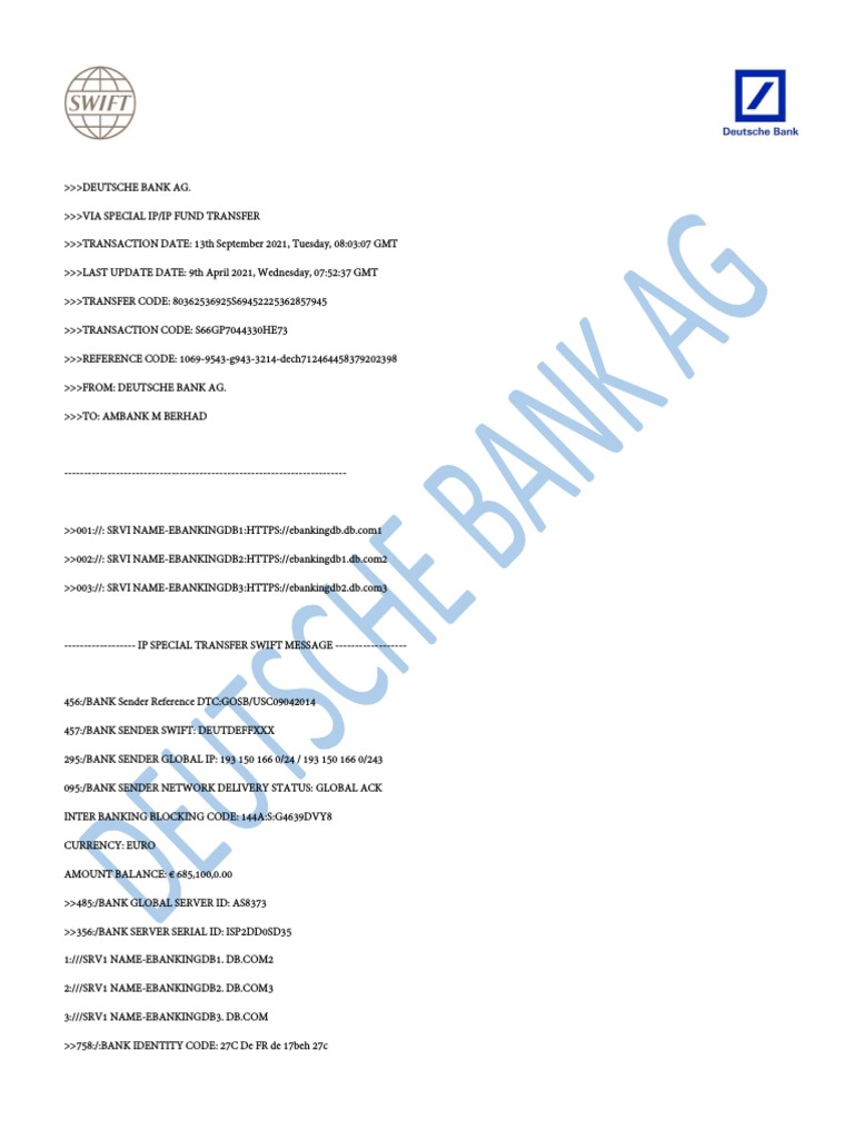 Deutsche Bank funds transfer document detailing international money ...