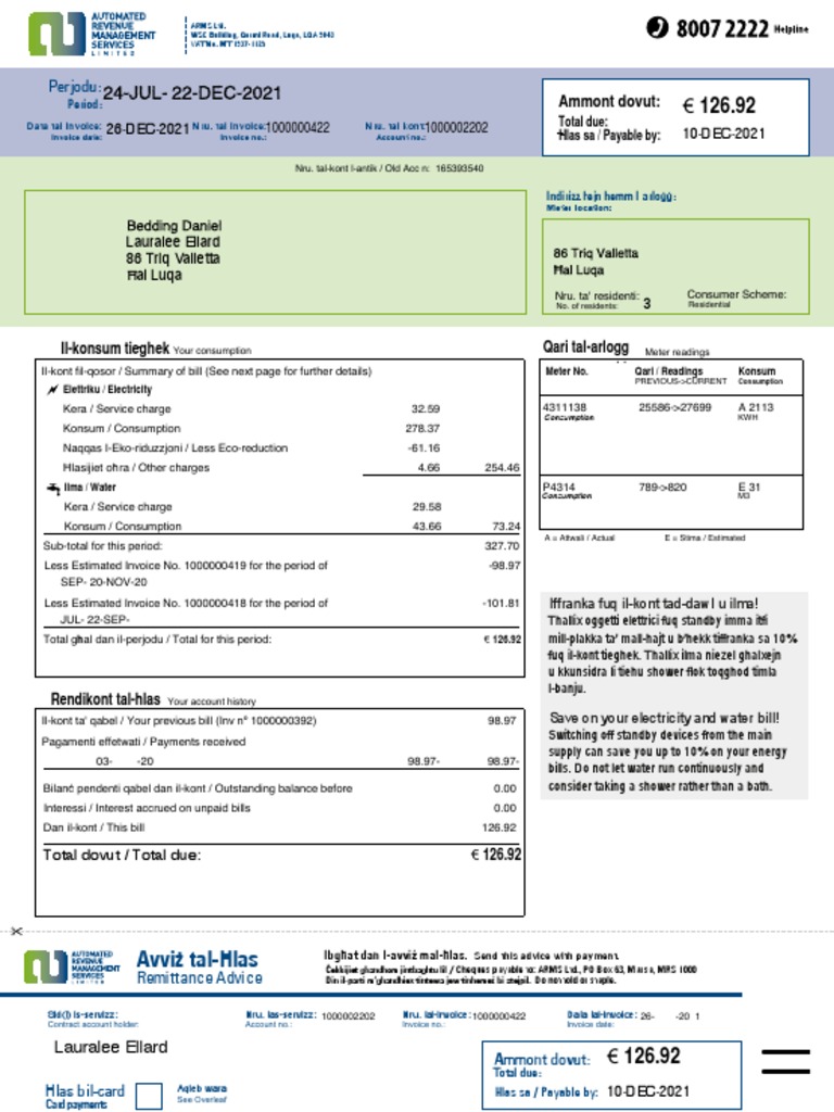 Your Electricity and Water Bill DEC 2021 | PDF