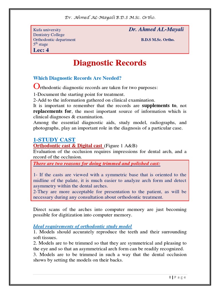Diagnostic Records (Dr. Ahmed) | PDF | Dental Anatomy | Orthodontics