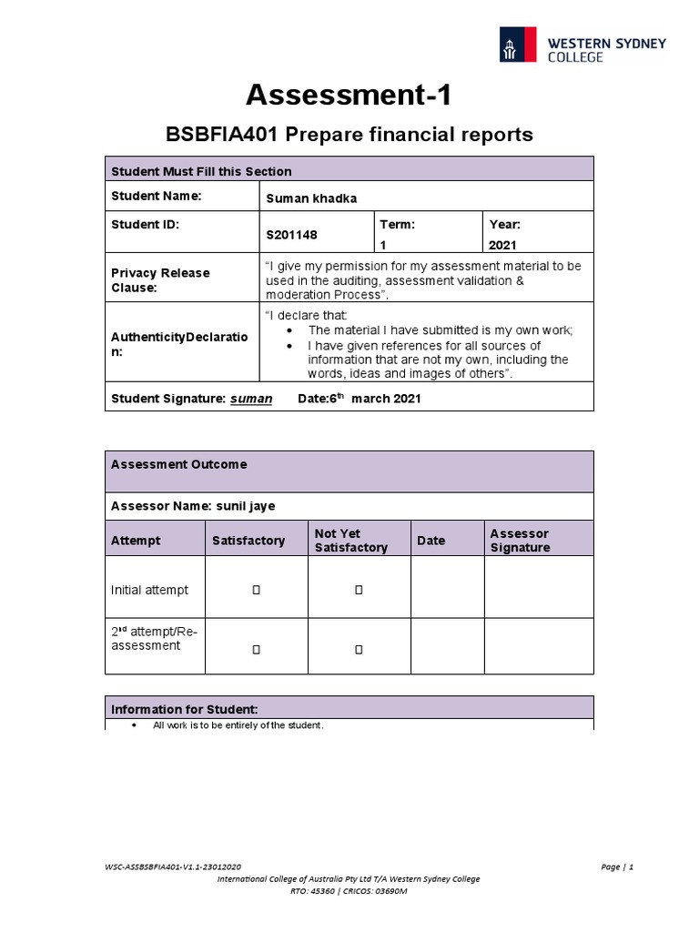 Assessment-1: BSBFIA401 Prepare Financial Reports | Download Free PDF | Debits And Credits ...