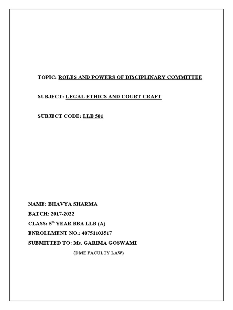 Topic: Roles and Powers of Disciplinary Committee: Subject: Legal ...