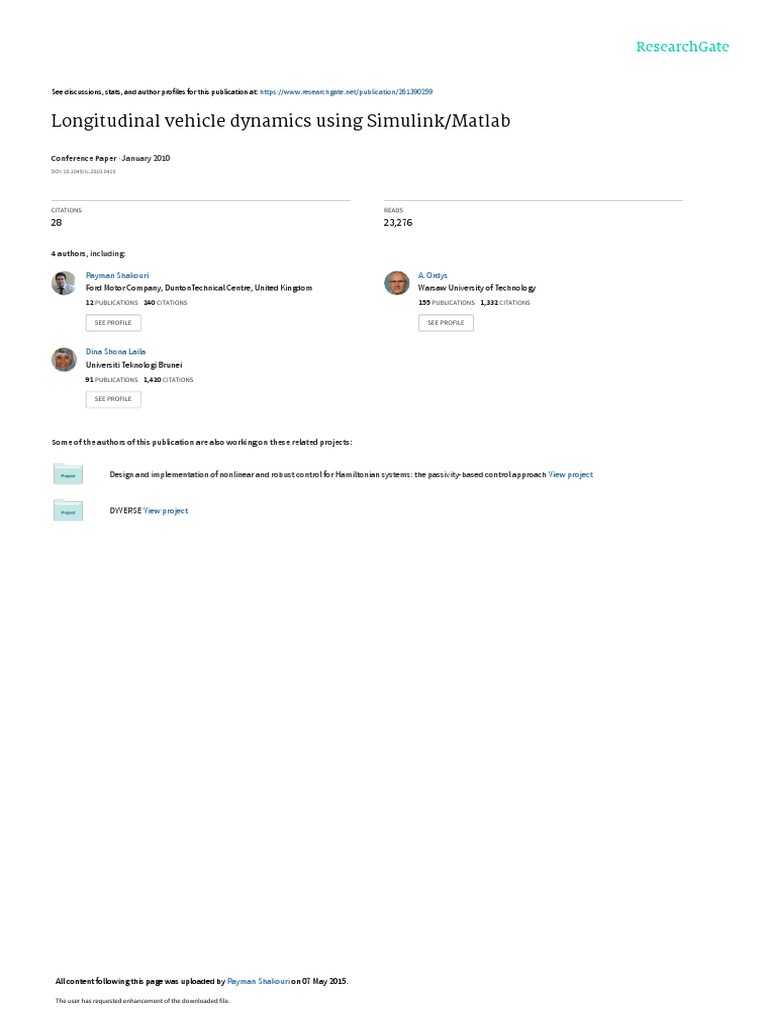 Longitudinal Vehicle Dynamics Using Simulink/Matlab: January 2010 | PDF ...