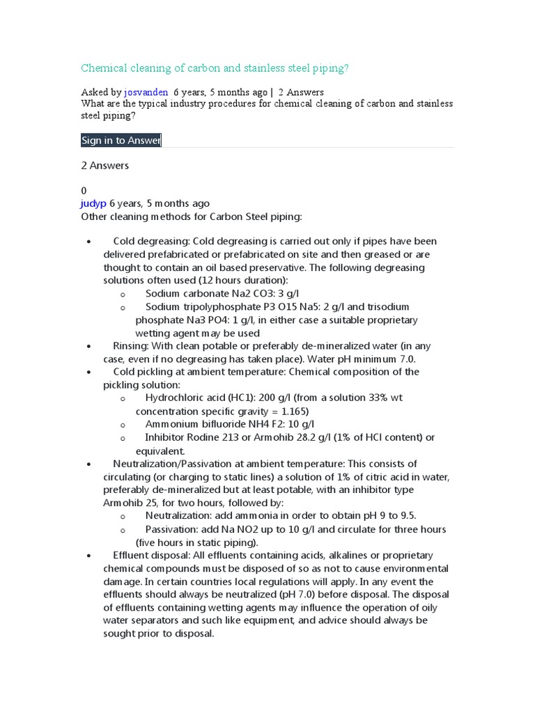 Chemical Cleaning of Carbon and Stainless Steel Piping | PDF ...