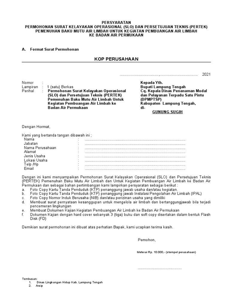 FORMAT PERMOHONAN PERTEK PEMBUANGAN AIR LIMBAH DAN SLO - Doc-3 | PDF