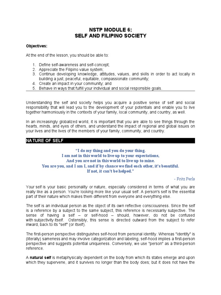 NSTP Module 6: Self and Filipino Society: Objectives | PDF | Self ...