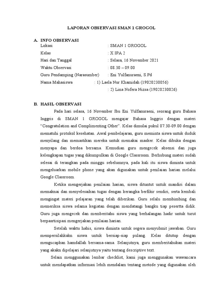 Checklist and Interview Observasi Sman 1 Grogol | PDF