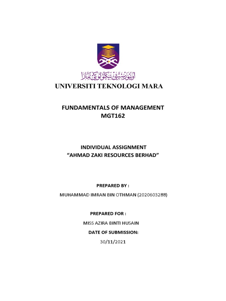 Fundamentals of Management MGT162: Individual Assignment "Ahmad Zaki ...