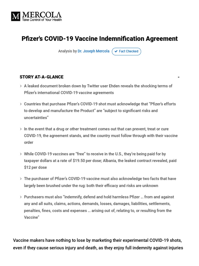 Pfizer Covid 19 Vaccine Indemnification Agreement PDF | PDF | Indemnity ...