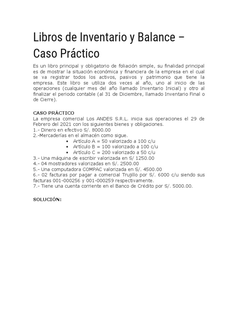 Libros de Inventario y Balance. Caso | PDF