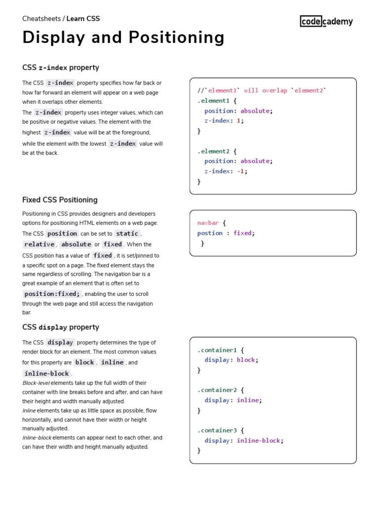 Learn Css Display And Positioning Cheatsheet Codecademy Pdf Html Element World Wide Web