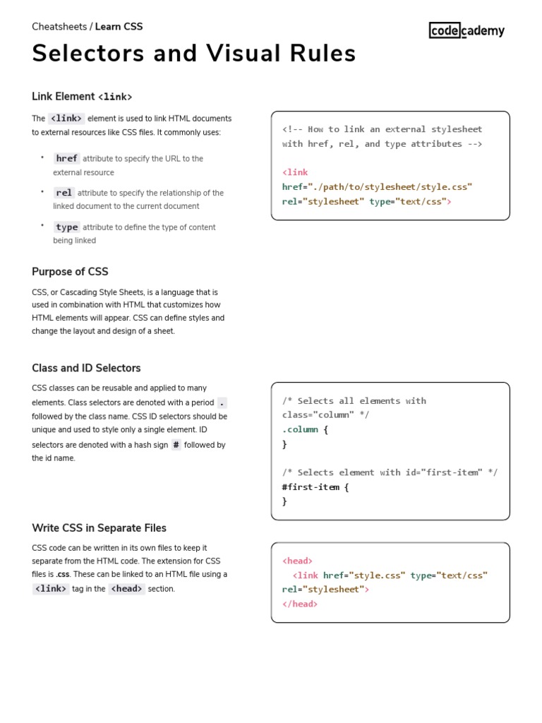 Learn CSS - Selectors and Visual Rules Cheatsheet - Codecademy | Download Free PDF | Html ...