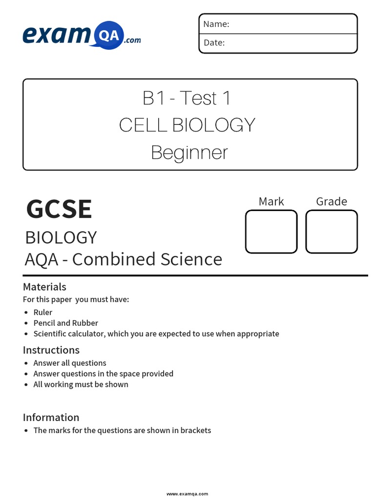 AQA GCSE Combined B1 Test 1 Beginner QP | PDF | Cell (Biology) | Stoma