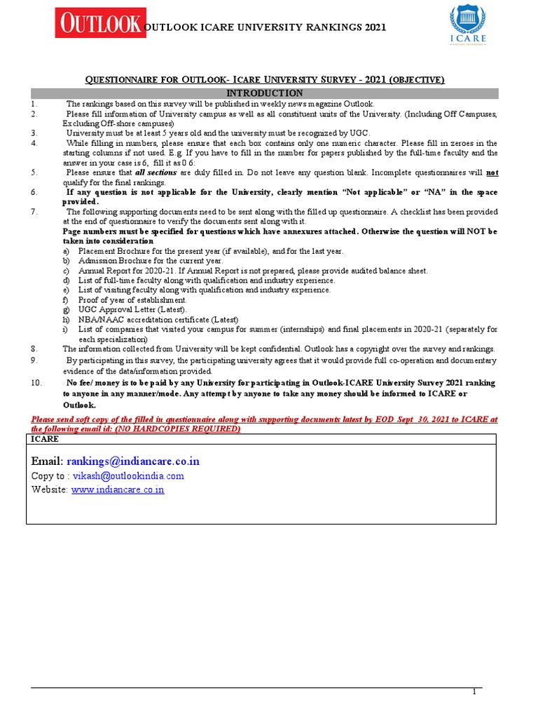 OUTLOOK ICARE UNIVERSITY RANKINGS - Questionnaire - 2021 | PDF ...