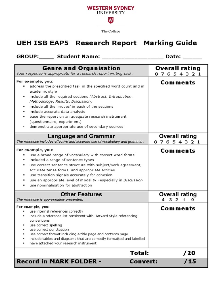 UEH ISB EAP5 Research Report Marking Guide | PDF | Grammar | English Language