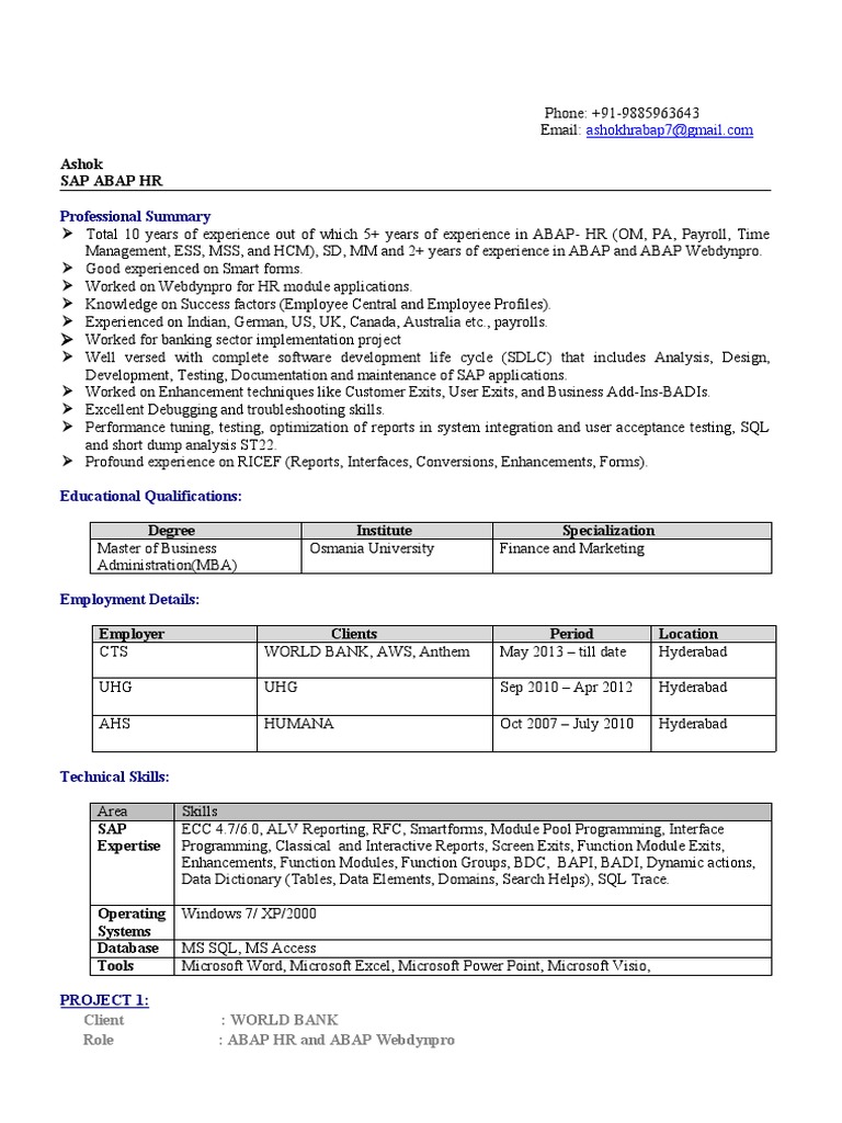 Ashok Sap Abap HR: Professional Summary | PDF | Microsoft Access | Computer Science