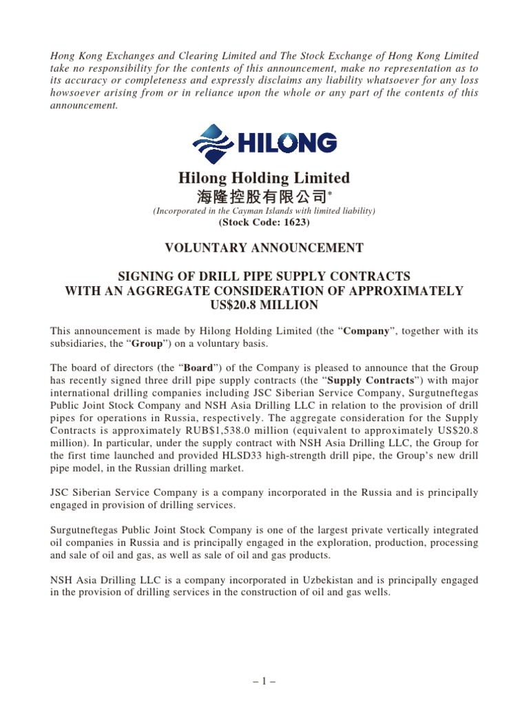 1623 - HK - Voluntary Announcement Signing of Drill Pipe Supply ...