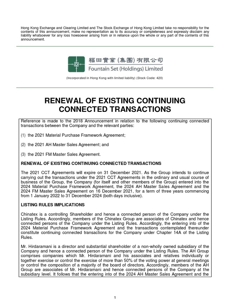 420 - HK - Renewal of Existing Continuing Connected Transactions - 12.16.21 | PDF | Prices | Sales