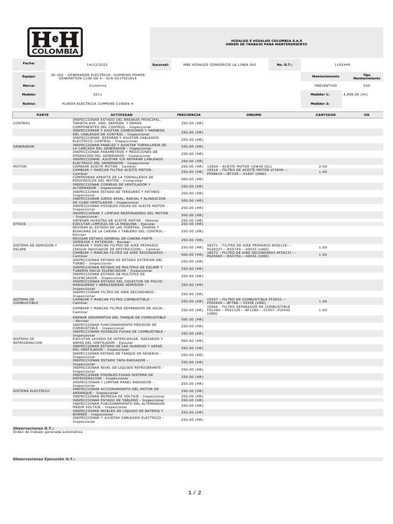 Mantenimiento Generador Cummins C100D6-4 | PDF | Máquinas | Tecnología ...