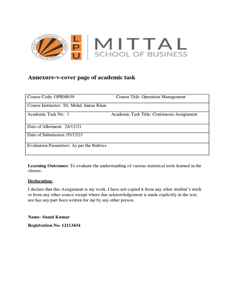Annexure-V-Cover Page of Academic Task | PDF | Marketing | Business
