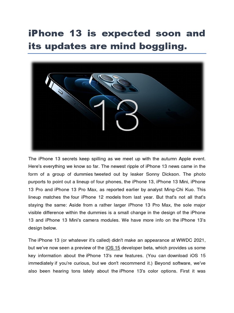 Iphone 13 Is Expected Soon and Its Updates Are Mind Boggling | PDF