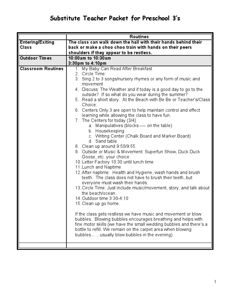 Preschool Substitute Teacher Guide | PDF | Preschool | Behavior ...