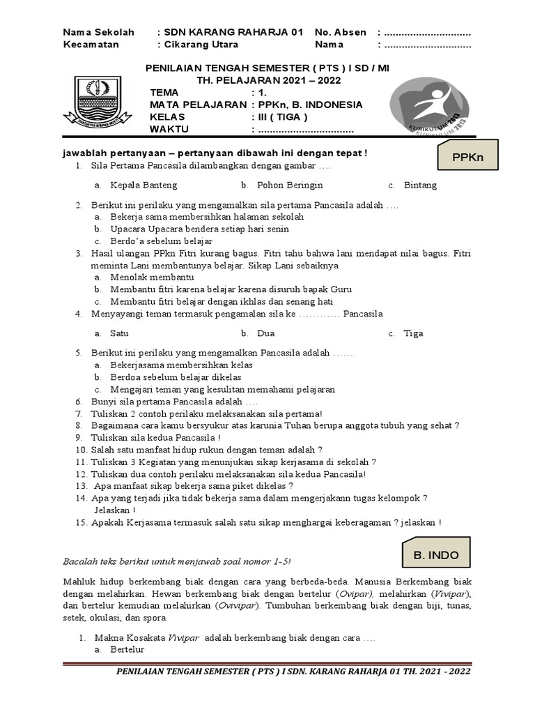 PTS PPKn & B. Indo Kelas 3 SDN Karang Raharja | PDF