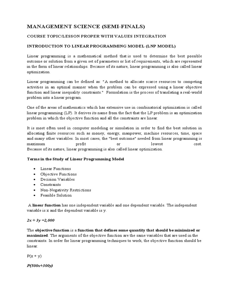 Management Science | PDF | Linear Programming | Mathematical Optimization