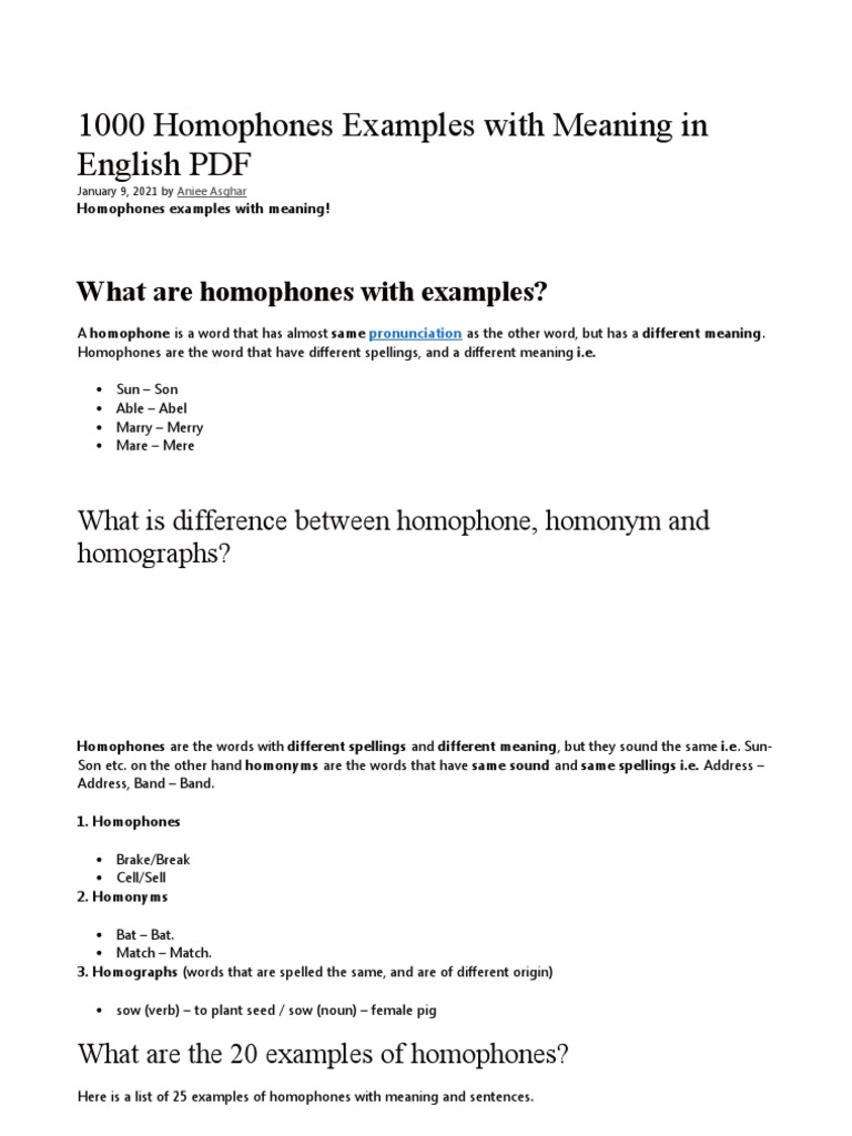 1000 Homophones Examples With Meaning in English PDF | PDF