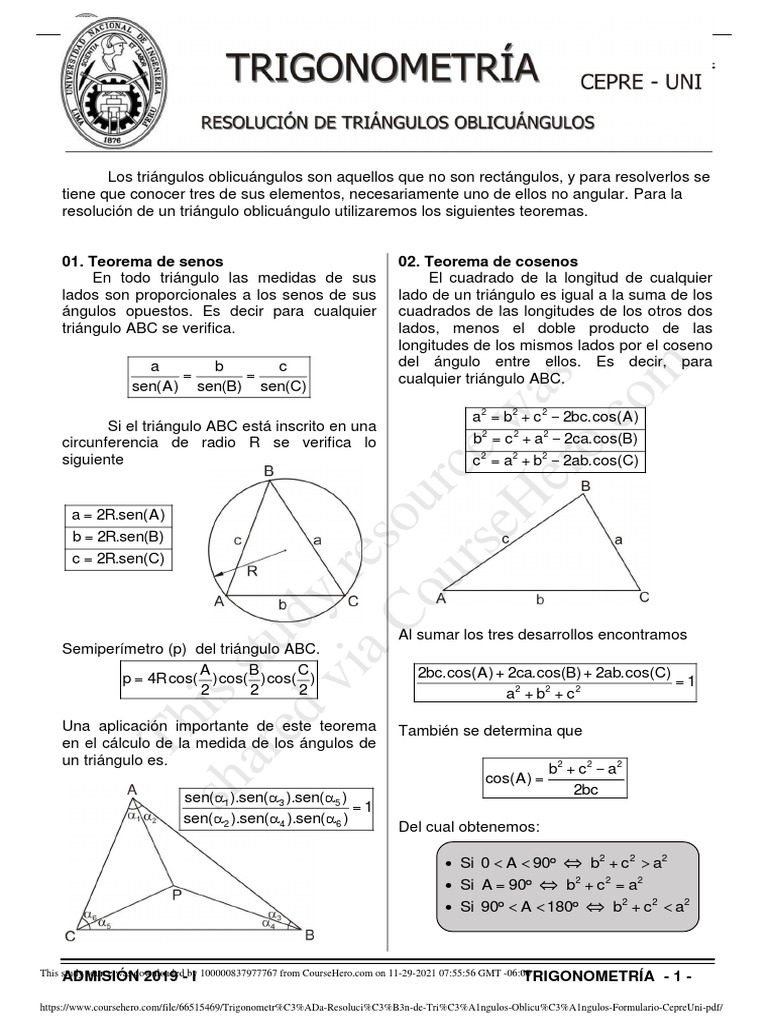 Trigonometr A Resoluci N de Tri Ngulos Oblicu Ngulos Formulario CepreUni PDF | PDF | Triángulo ...