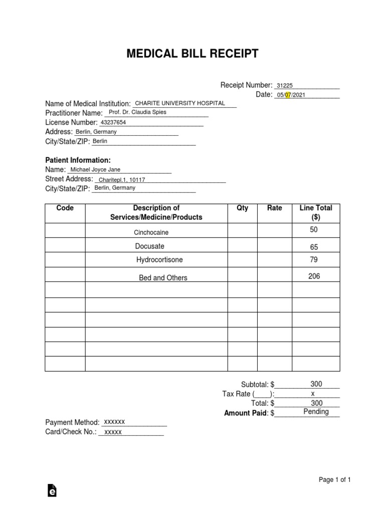 Medical Bill Receipt: Patient Information | PDF | Payments | Medicine