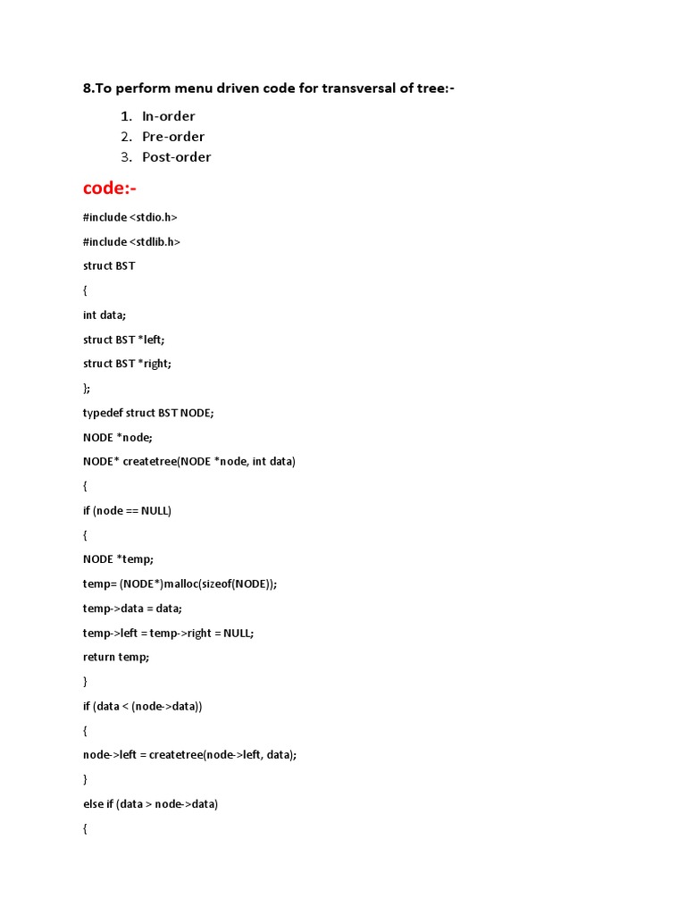 Menu Driven Implementation of Binary Search Tree Traversals in C | PDF | Computer Programming ...
