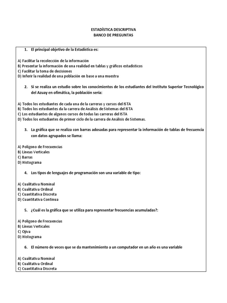 Banco de Preguntas - Estadística Descriptiva | PDF | Histograma | Correlación y dependencia