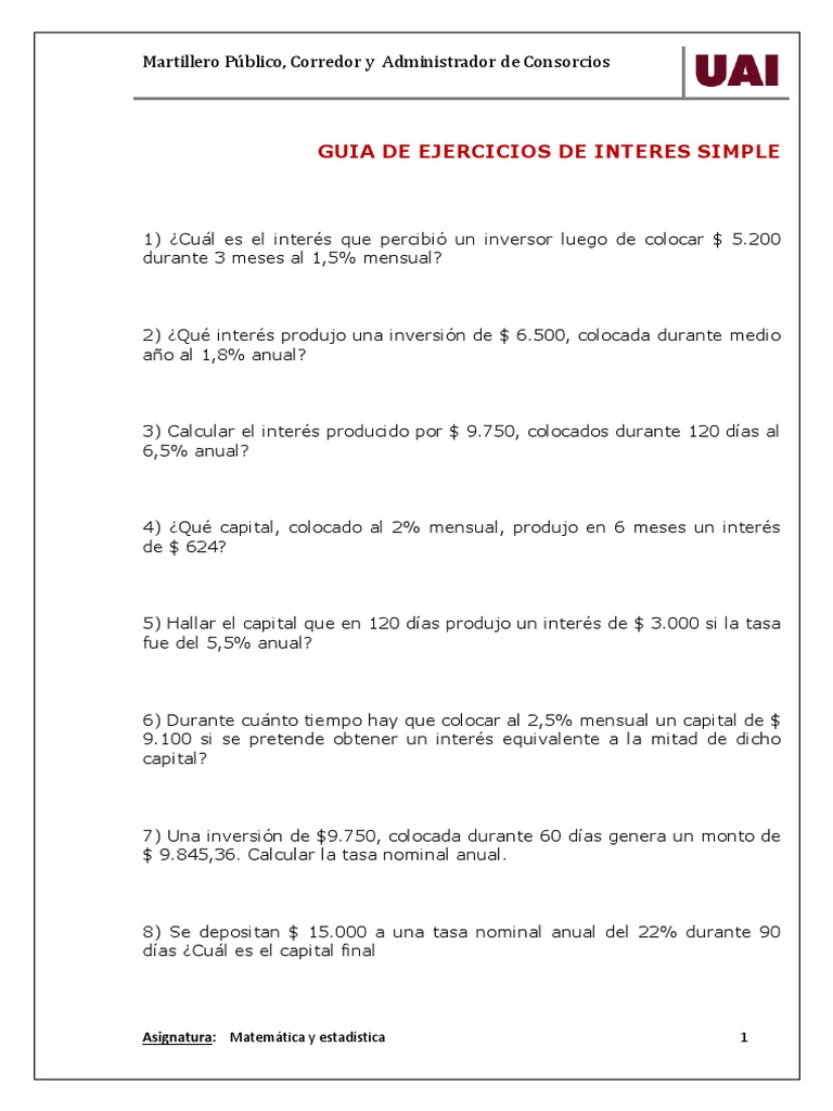 Guía de Ejercicios de Interés Simple | PDF