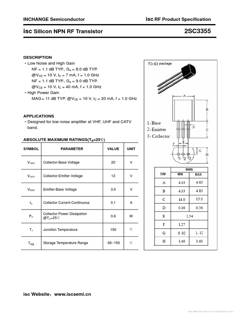 Isc 2SC3355: Isc Silicon NPN RF Transistor | PDF | Bipolar Junction ...