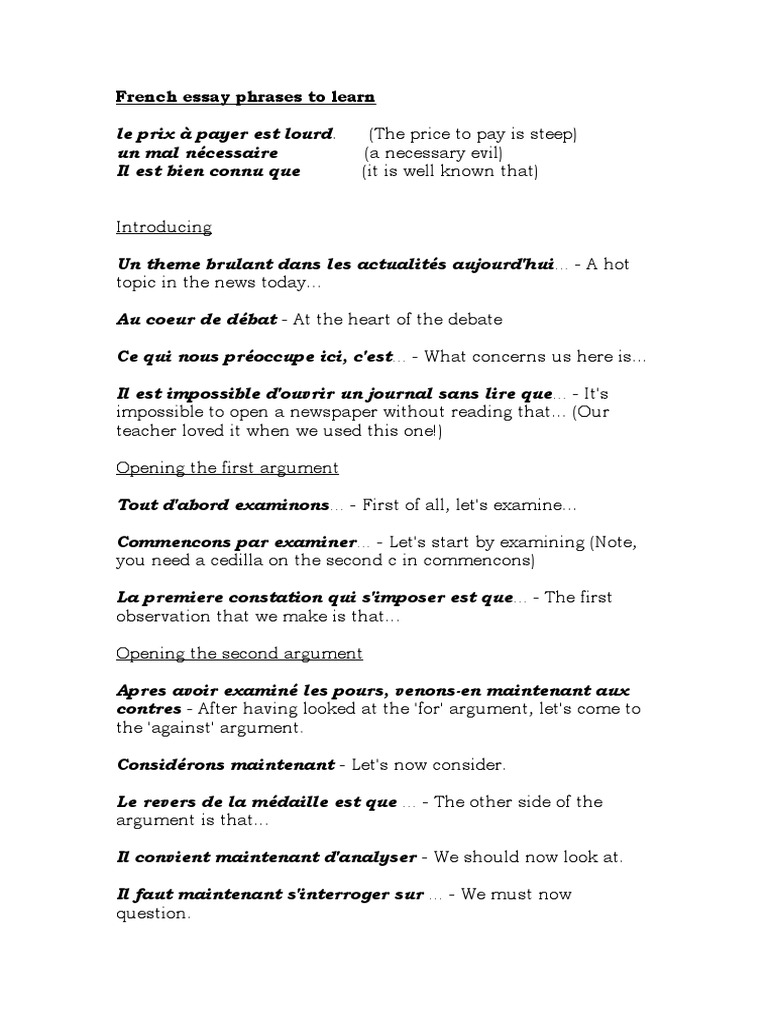 French Essay Phrases To Learn