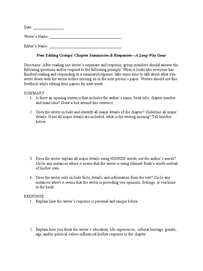 Summary Response Sheet Chapters of ALWG | PDF