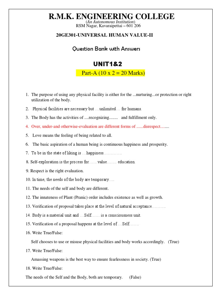20GE301 - UHV-II - Updated Question Bank With Answers | PDF | Quantity | Consciousness