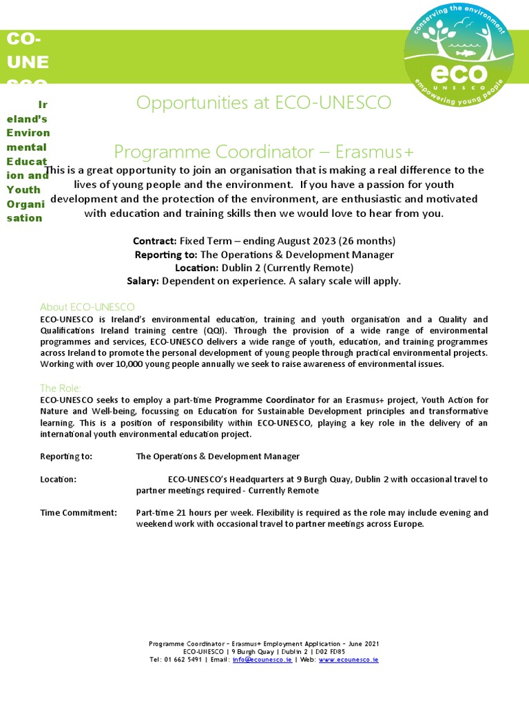 ECO UNESCO Application Form Programme Coordinator Erasmus Plus June ...