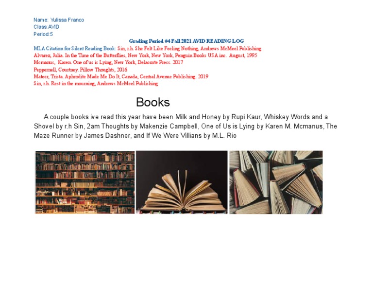 Avid Reading Log 1 | PDF