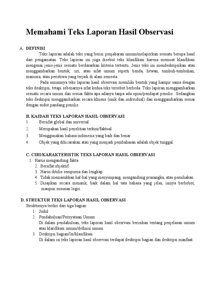 Materi Bahasa Indonesia Memahami Teks Laporan Hasil Observasi | PDF | Seni & Disiplin Bahasa ...