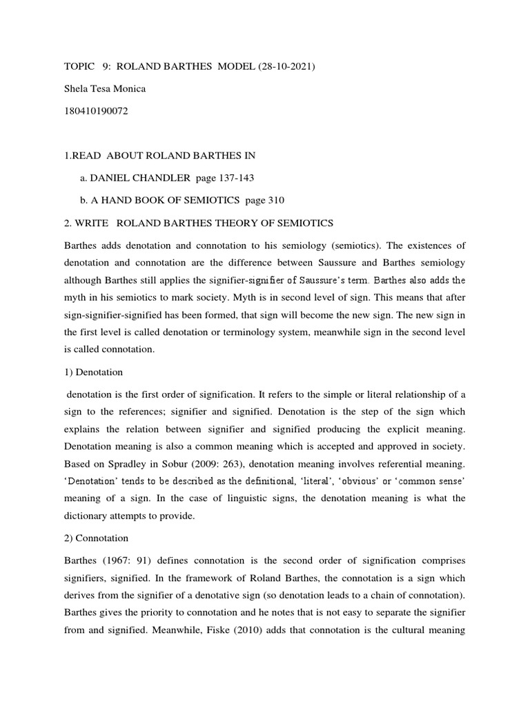 Roland Barthes Theory of Semiotics | PDF