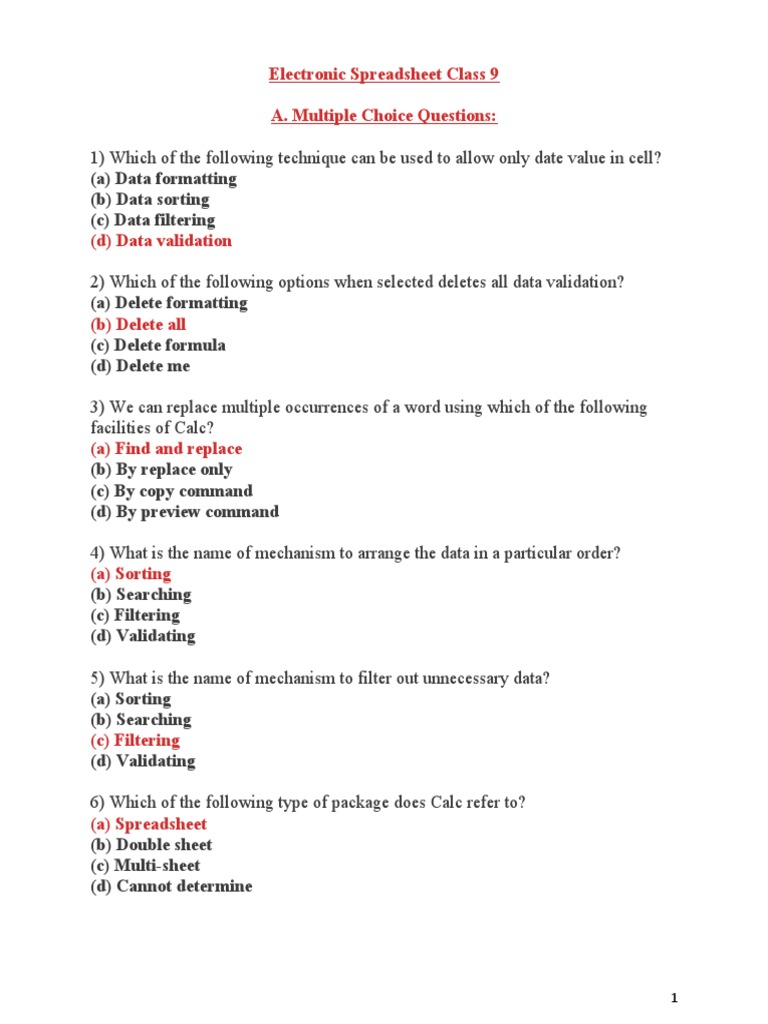 Electronic Spreadsheet Class 9 | PDF | Spreadsheet | Worksheet