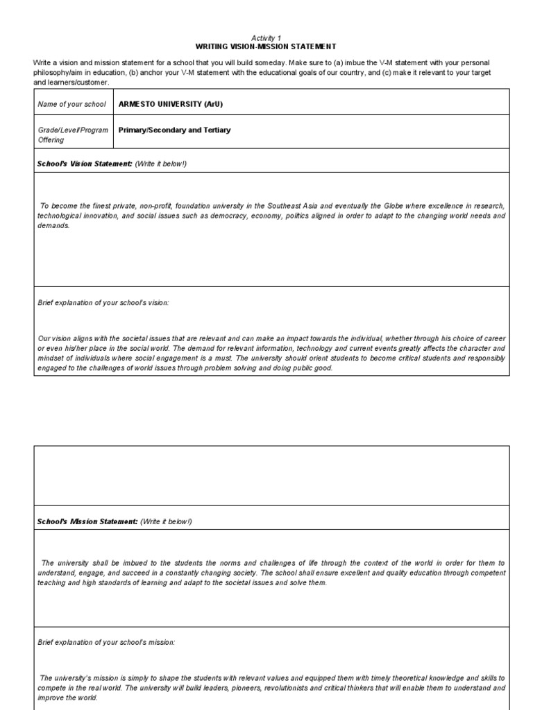 ACTIVITY 1 - Writing Vision-Mission Statements | PDF