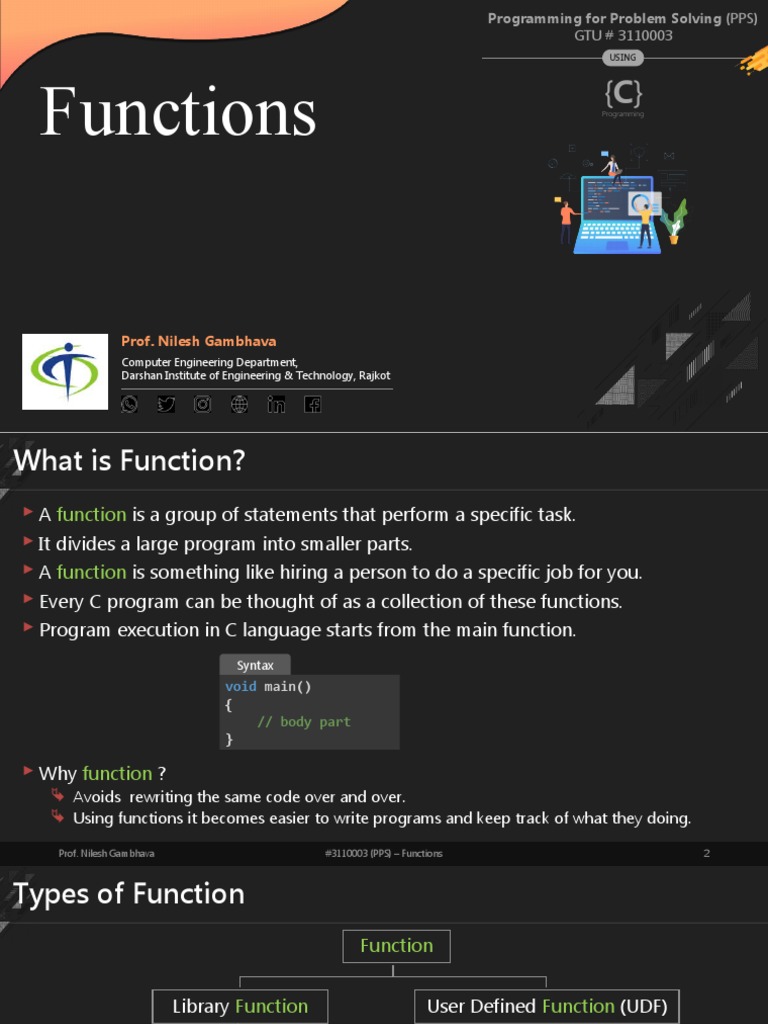 Functions: Prof. Nilesh Gambhava | PDF | Parameter (Computer Programming) | Subroutine