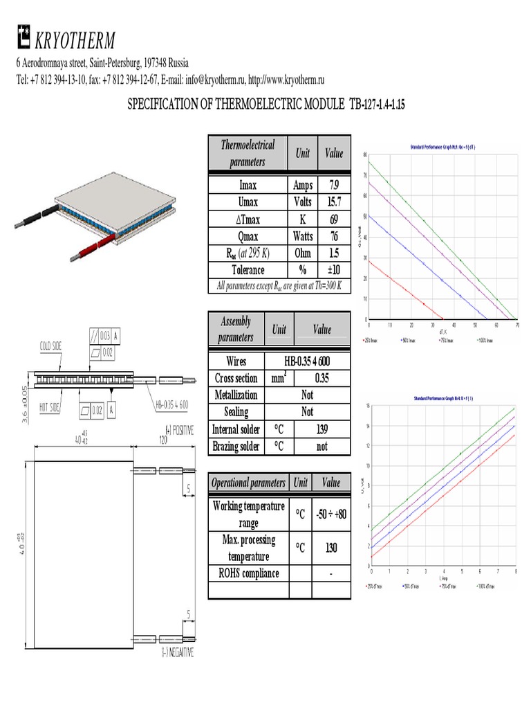 Kryotherm: Specification of Thermoelectric Module Tb-127-1.4-1.15 | PDF ...