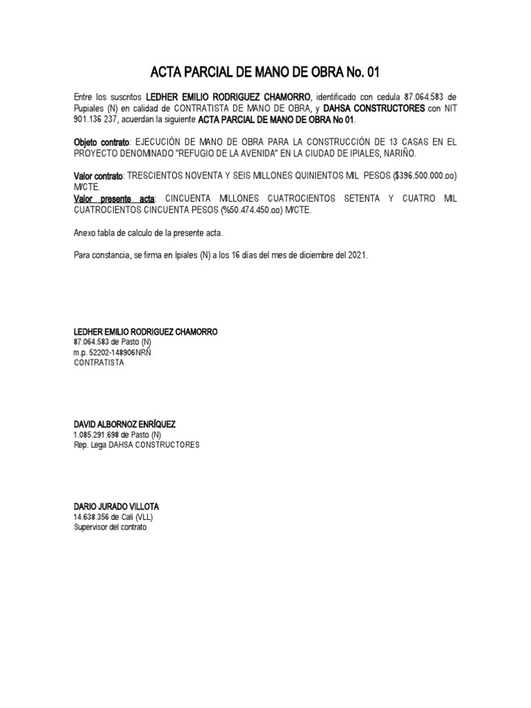Acta Parcial de Mano de Obra No 1 | PDF | Ingeniero civil | Edificios y estructuras