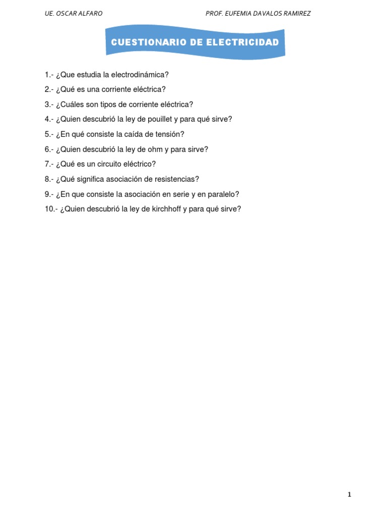 Cuestionario de Electricidad | PDF