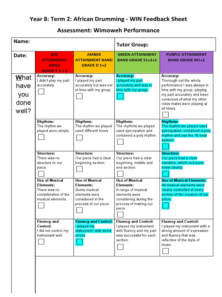 Year 8: Term 2: African Drumming - WIN Feedback Sheet Assessment ...