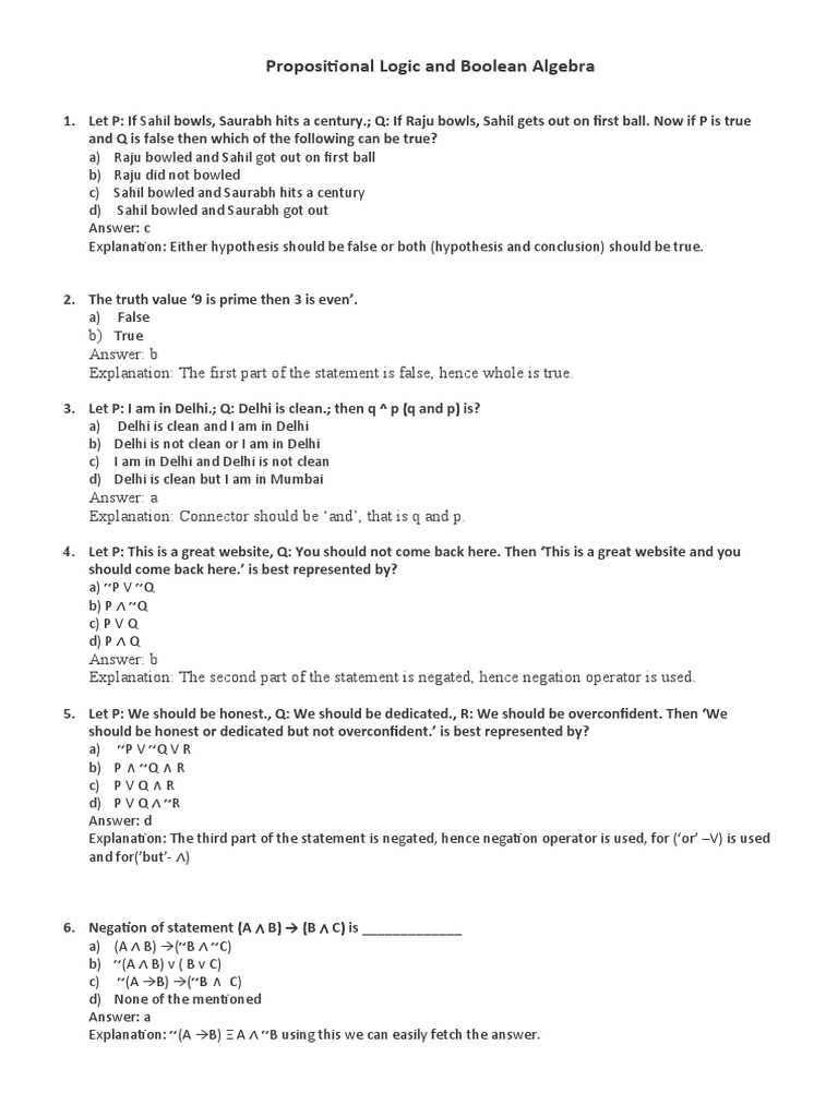 Propositional Logic and Boolean Algebra | PDF | Mathematical Logic ...