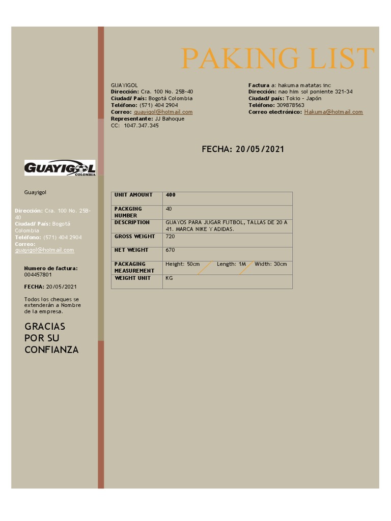 Paking List Guayigol | PDF